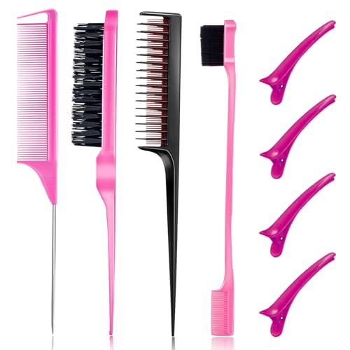 8 Pieces Styling Comb Set - Teasing Brush, Rat Tail Comb, Edge Brush for Slicking and Combing Hair for Women (Pink)