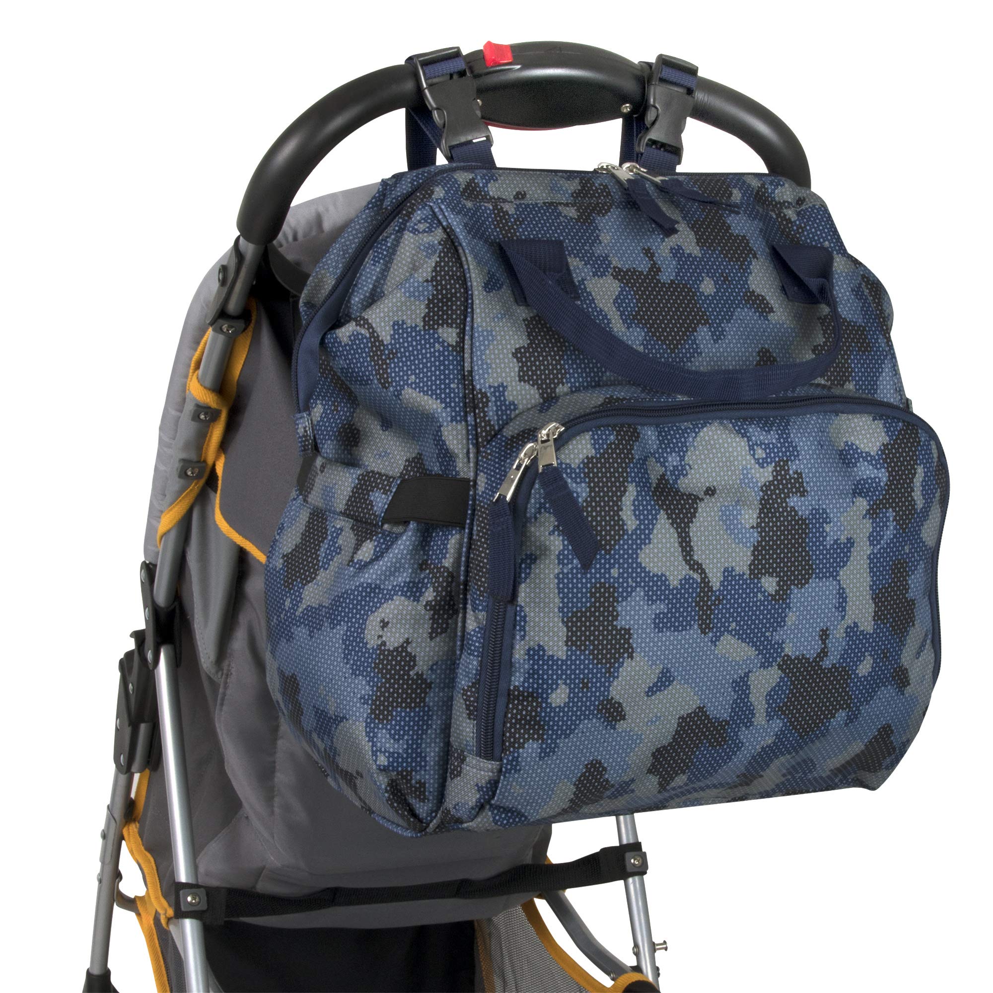 Wide Open Frame Diaper Bag Backpack and Nappy Travel Bag Tote with Changing Pad, Stroller Straps (Blue Camo)