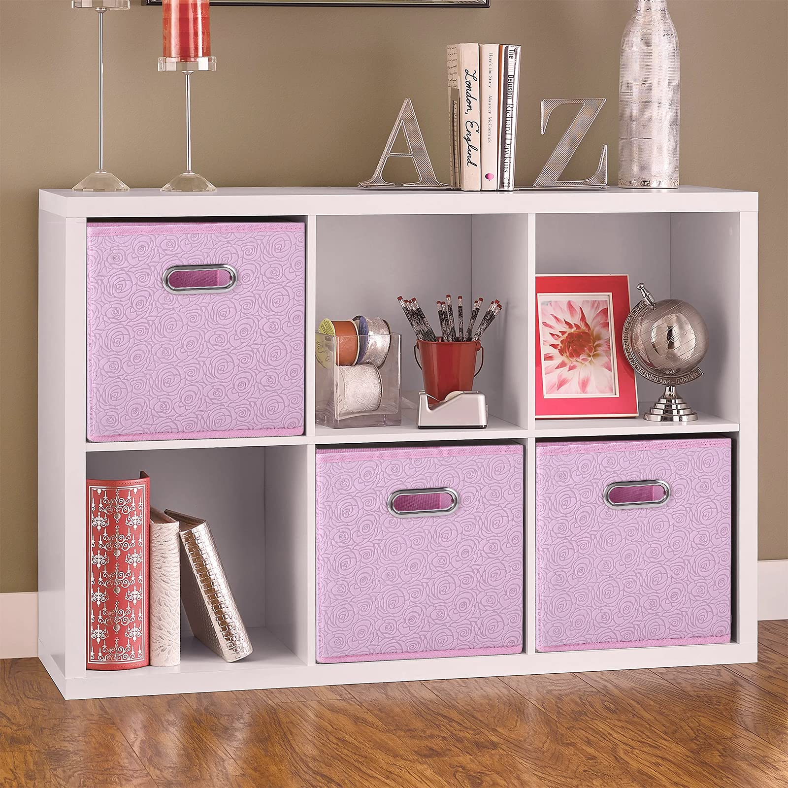 ANMINY 3PCS Storage Cubes Set Romantic Rose Print Large Storage Bins Boxes Baskets Non-Woven Fabric with Handles Desktop Closet Shelf Foldable Organizer Container for Home Office 11"x 11"x 11" - Pink