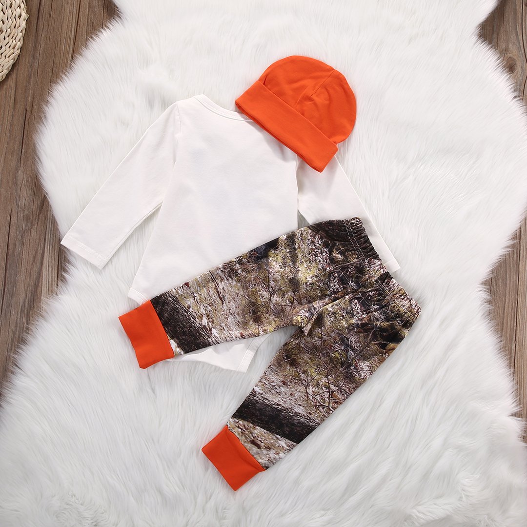 Shejingb Newborn Baby Boys Long Sleeve Letters Deer Romper Bodysuit Tops Camo Pants with Hat 3 Pcs Outfit Clothes Set (0-3 Months, Orange)