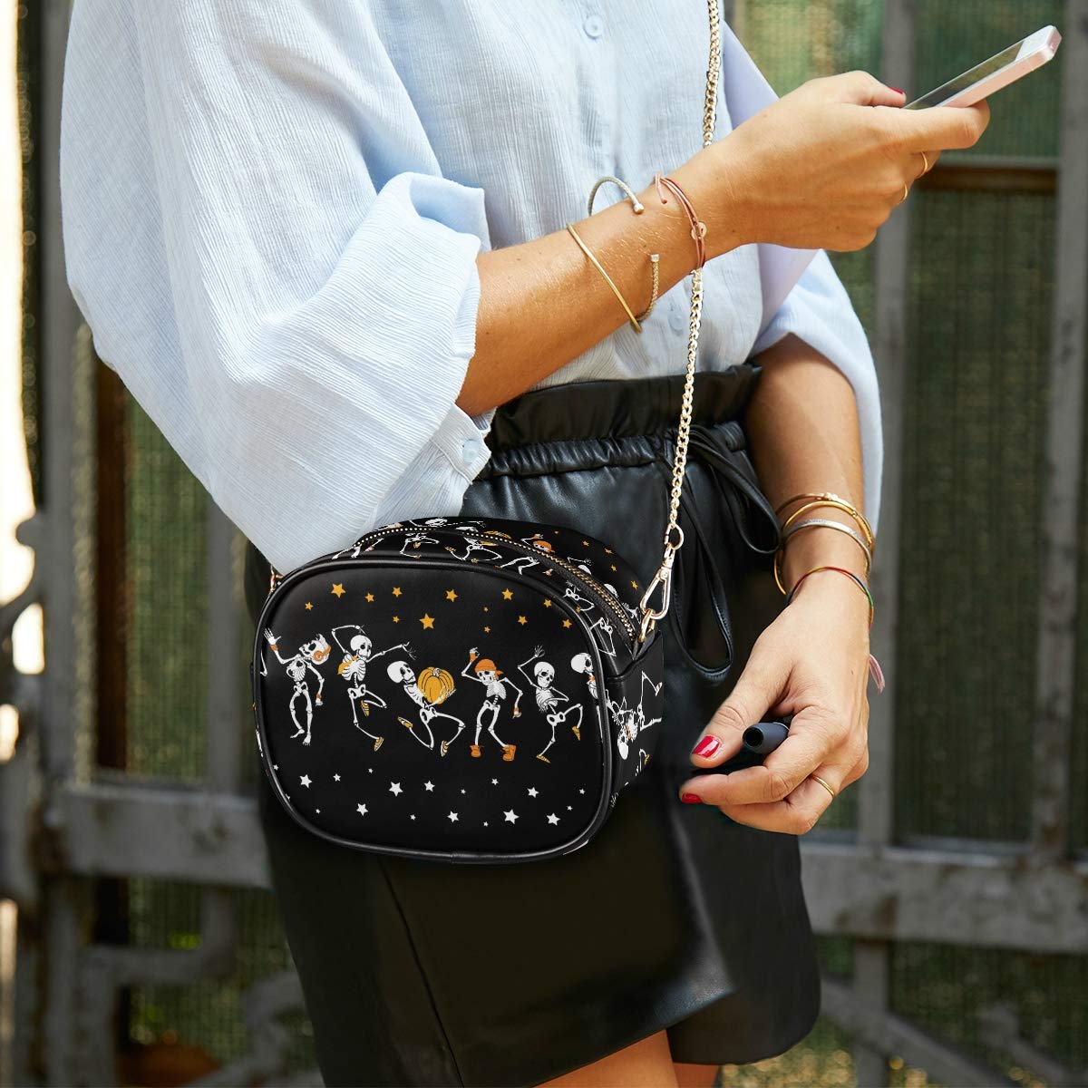 ALAZA Cute Sugar Skull Pumpkin Star Halloween PU Leather Small Crossbody Bag Purse Wallet Cell Phone Bags with Adjustable Chain Strap & Multi Pocket