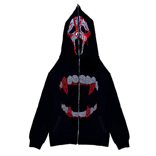 Amiblvowa Womens Men Rhinestone Skeleton Hoodies Y2k Full Zip Up Over Face Gothic Skull Graphic Printed Oversized Jacket Streetwear