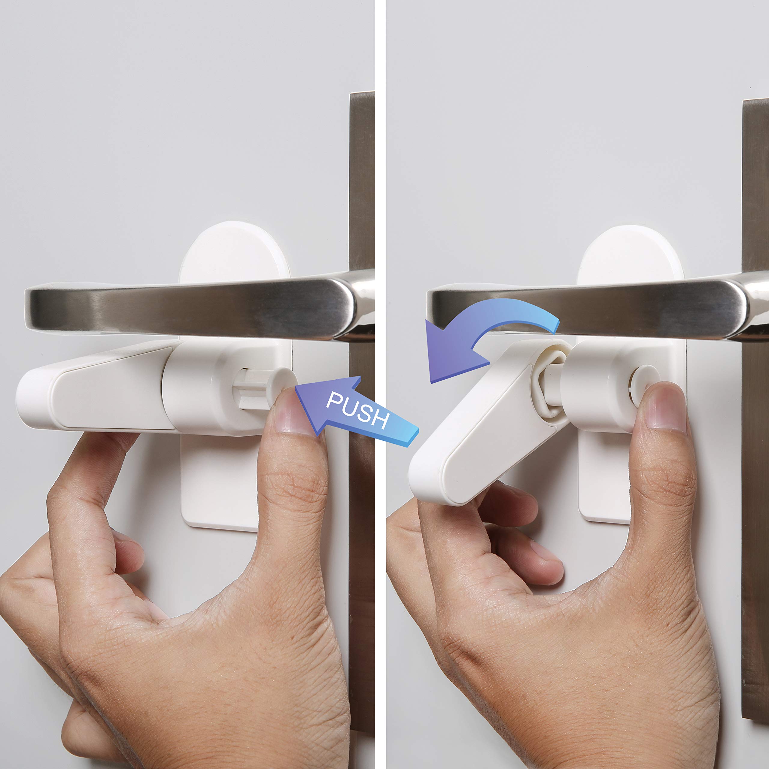 4 Pack Child Proof Door Lever Lock Prevents Toddlers from Opening Doors - One Hand Opertaion Adhesive Baby Proofing Door Handle Safety Locks for Kids