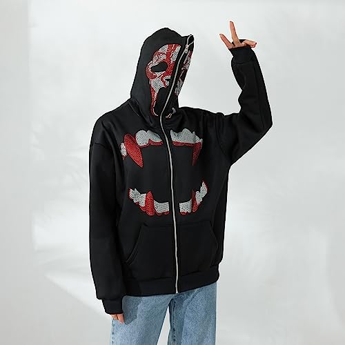 Amiblvowa Y2k Women Zip Up Hoodies Rhinestone Graphic Sweatshirts Skeleton Spider Aesthetic Oversized Jacket Goth Clothing (Primary Black Red Skull, M)