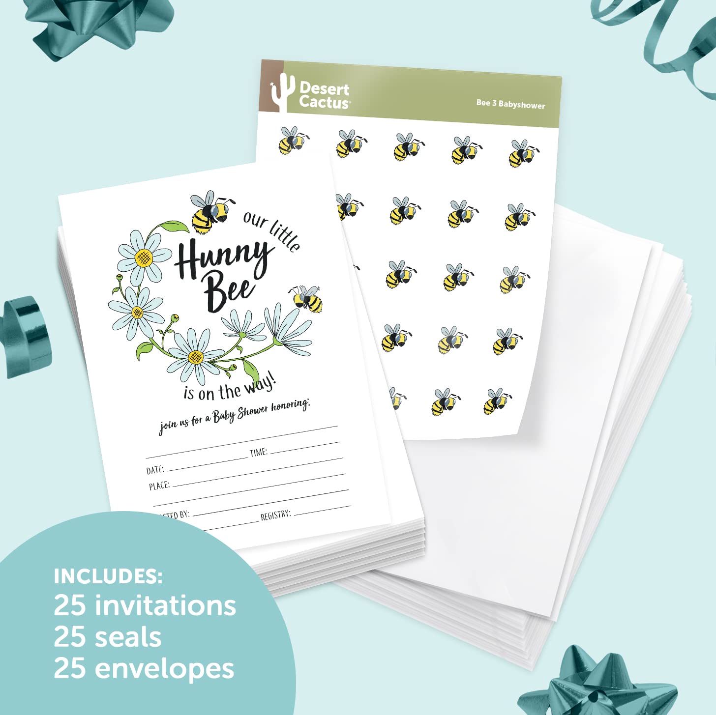 Desert Cactus Bumble Bee Baby Shower Invitations Invite Cards (25 Count) With Envelopes Girl Boy (25ct Baby) Bee 3
