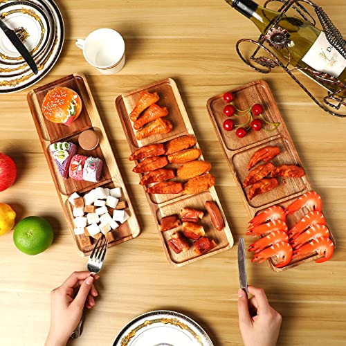 4 Pcs Solid Acacia Wood Serving Trays 14 x 5 Inch 3 Grids Rectangular Wooden Serving Platters for Home, Food, Vegetables, Fruit, Cheese, Appetizer Serving Tray, Charcuterie Board