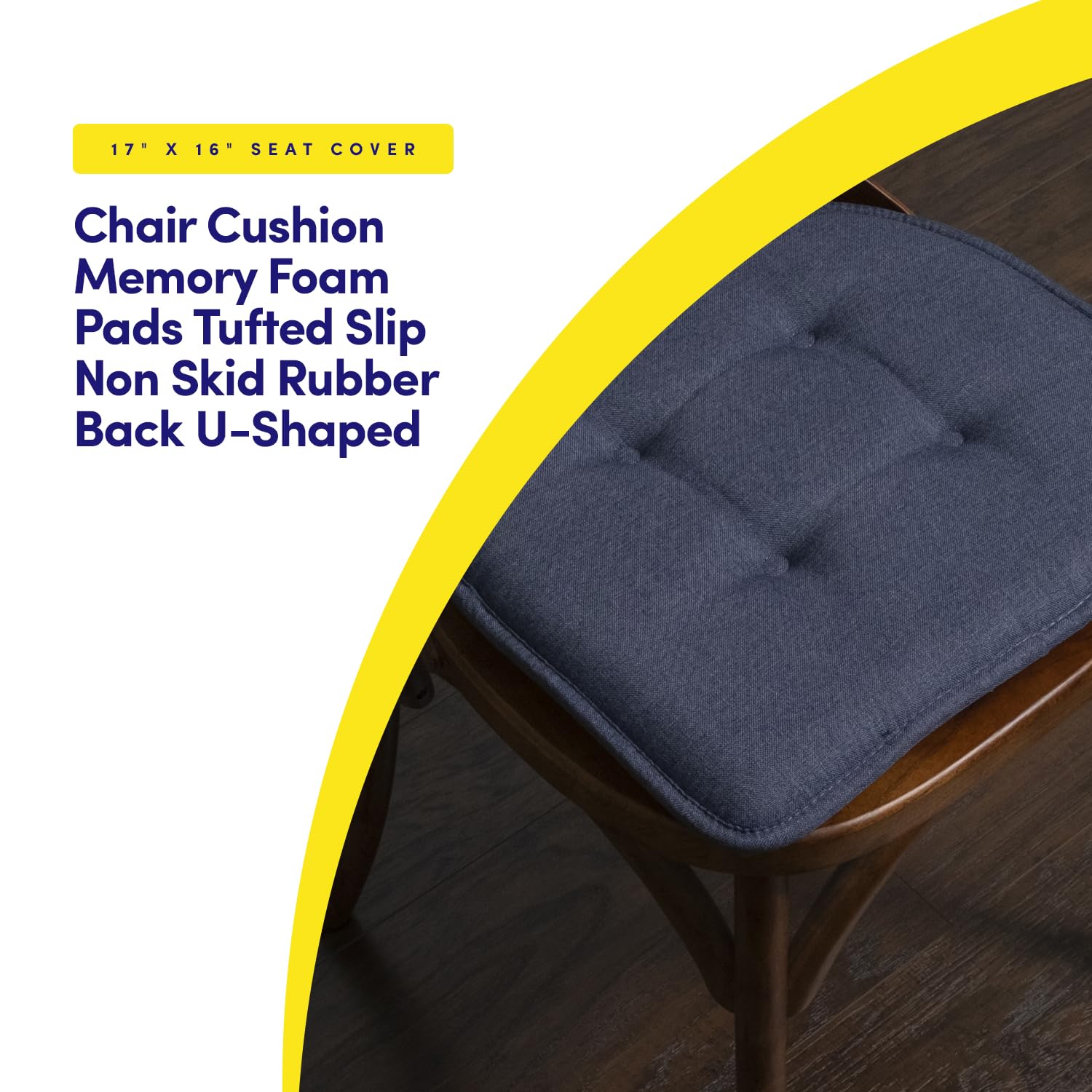 Sweet Home Collection Chair Cushion Memory Foam Pads Tufted Slip Non Skid Rubber Back U-Shaped 17" x 16" Seat Cover, 6 Pack, Denim Blue