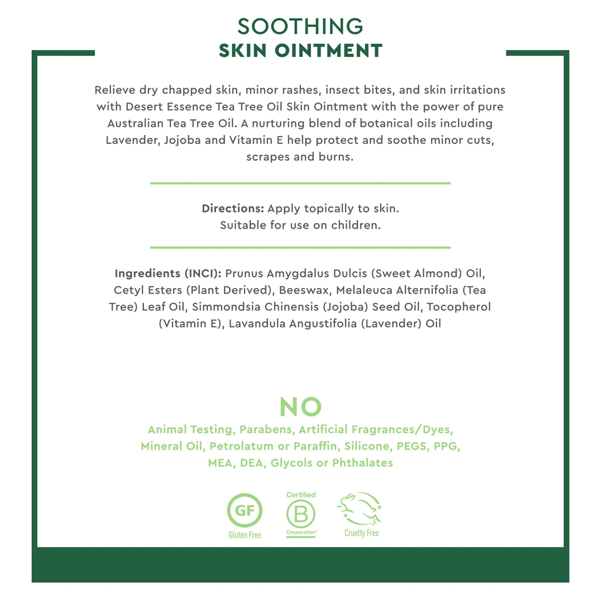 Desert Essence TEA TREE OIL SKIN OINTMENT β Itch Relief, Rash Cream for Razor Burn - Soothing Balm with Lavender & Jojoba - Gluten & Cruelty-Free - 1 oz