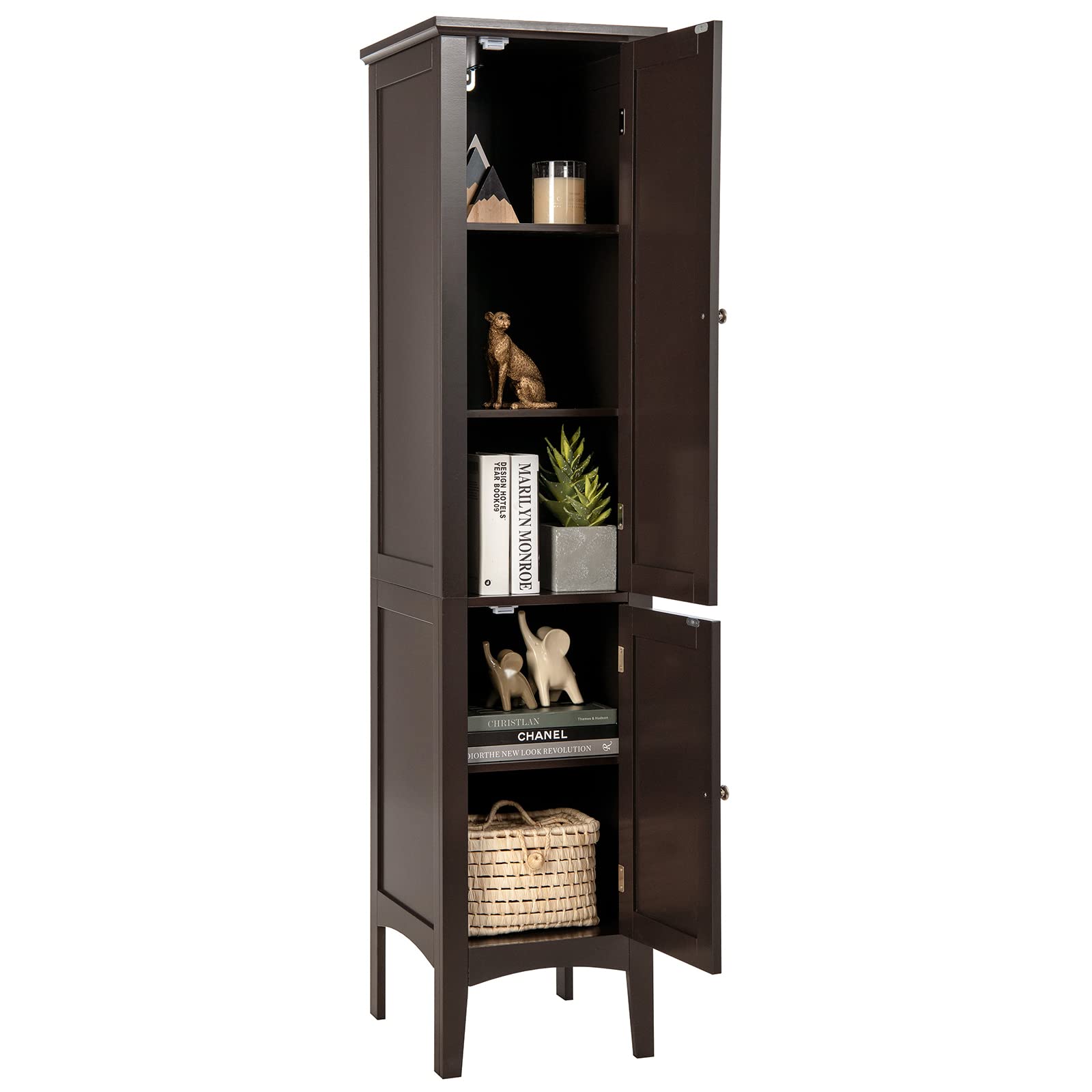 Tangkula Tall Bathroom Storage Cabinet, 5-Tier Wooden Freestanding Tower Cabinet, Narrow Storage Floor Cabinet w/2 Doors & Shelves for Bathroom Living Room Kitchen (Brown)