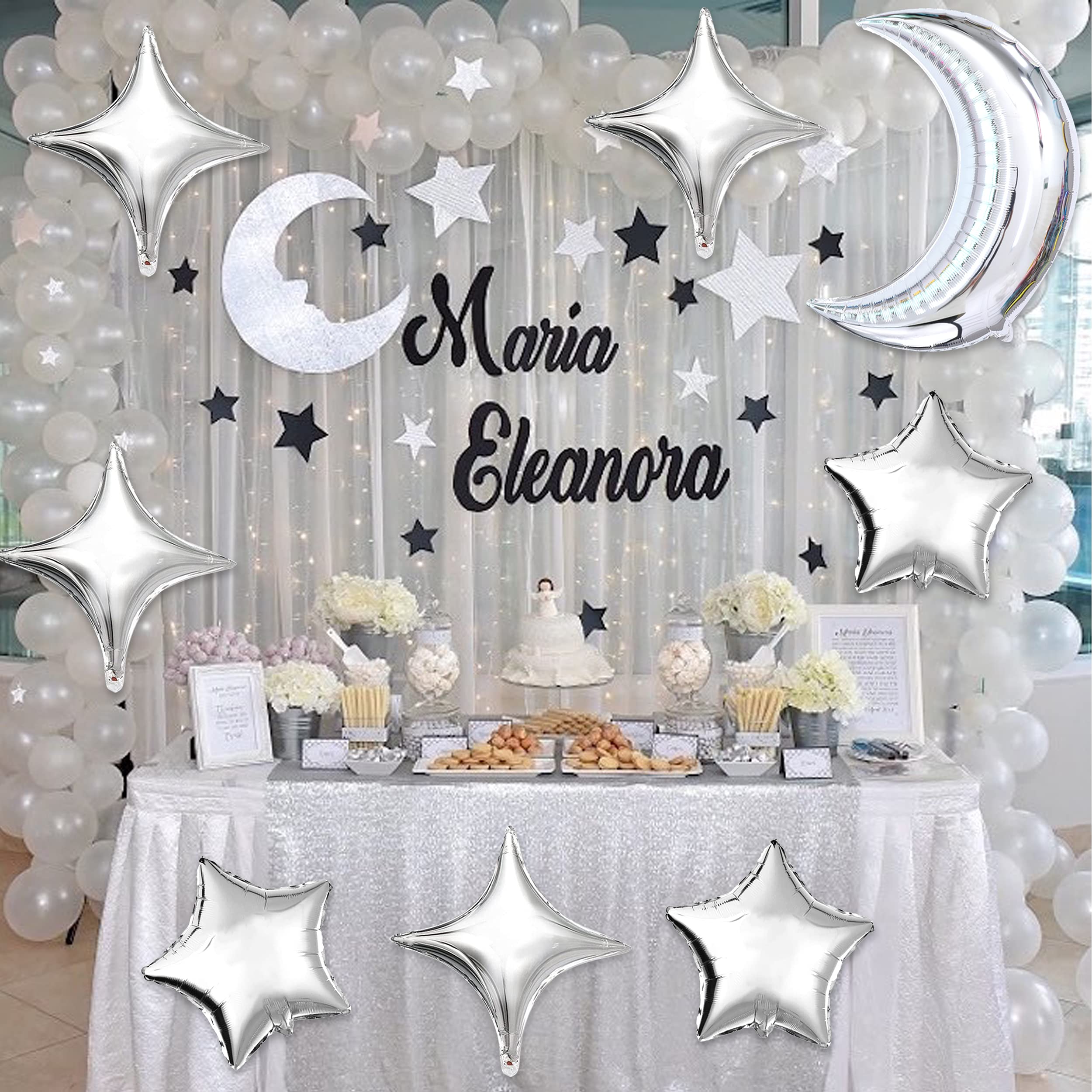 42pcs Silver Star Balloons Silver Moon Balloons Star Balloons Metallic Moon and Star Balloons for Ramadan Eid Mubarak Decorations Graduation, Baby Shower, Space Birthday Party Decorations Supplies