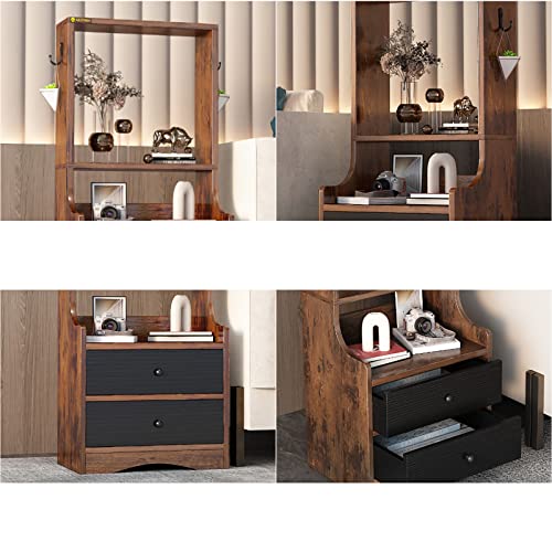 ALISENED 2 Tier Bookshelf, Tall Bookcase with 2 Storage Drawers, Display Standing Shelf Units, Wood Storage Shelf for Living Room, Bedroom, Home Office, Rustic Brown