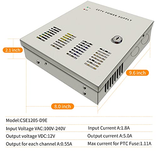 WEILAILIFE CCTV Power Supply Box, 9 Channel 12V 5A DC Distributed Power Supply Box, AC Plug Cord & Key Lock, Output AC to DC for Security Camera System, DVRs, IP Cameras, CCTV Cameras