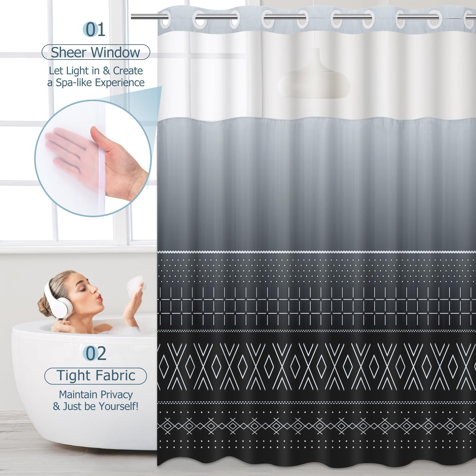4 Pcs Teal Grey Boho Shower Curtain Set with Memory Foam Bathroom Rugs Sets 2 Piece, No Hook Shower Curtain with Snap in Liner, Hotel Modern Bathroom Curtain with Sheer Window, Ombre Bathroom Decor