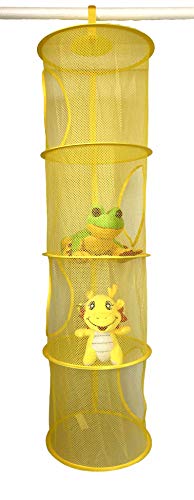 Goldenvalueable Hanging Mesh Space Saver Bags Organizer 4 Compartments Toy Storage Basket for Kids Room organization mesh hanging bag 2 Pcs Set, Blue and Yellow