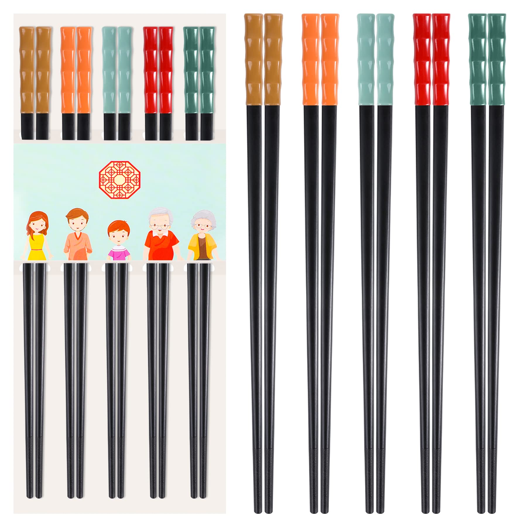 5 Pairs Fiberglass Chopsticks, Slivek Reusable Premium Japanese Chinese Korean Chopsticks Dishwasher Safe, Non-slip, Lightweight, 9.84 inches - Black