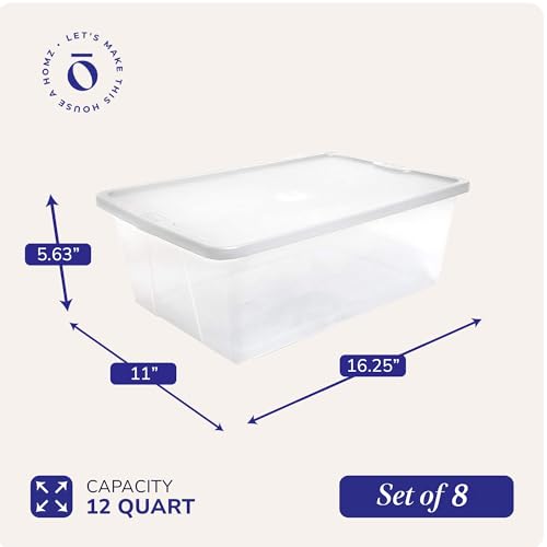 HOMZ 12-Quart Snaplock Clear Plastic Storage Tote Container Bin with Secure Lid and Handles for Home and Office Organization (8 Pack)
