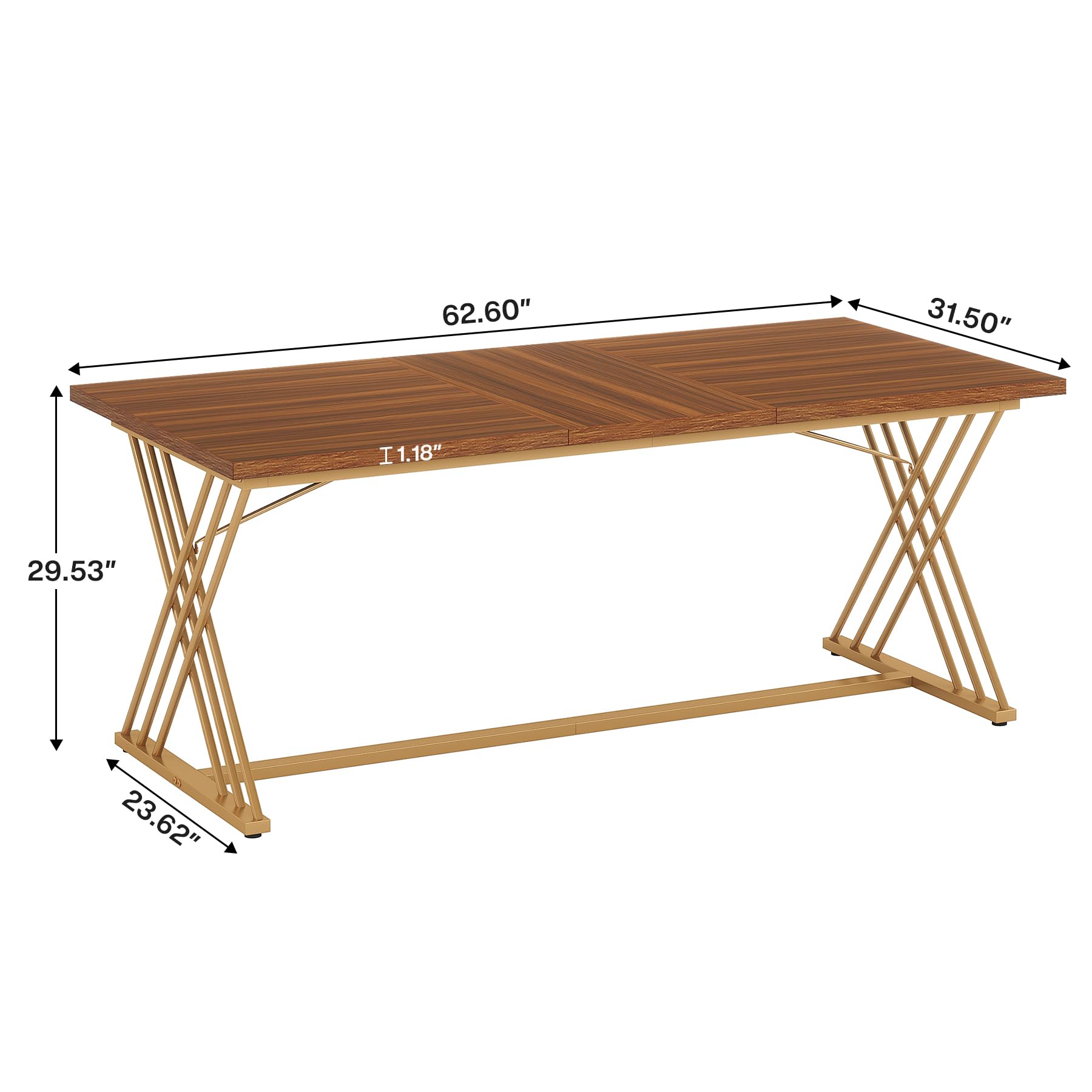 Tribesigns 63" x 31.5" Large Computer Desk, Modern Wood Home Office Desk, Computer Table Executive Desk, Study Writing Table Workstation for Living Room Bedroom Office, Brown + Gold Metal Frame
