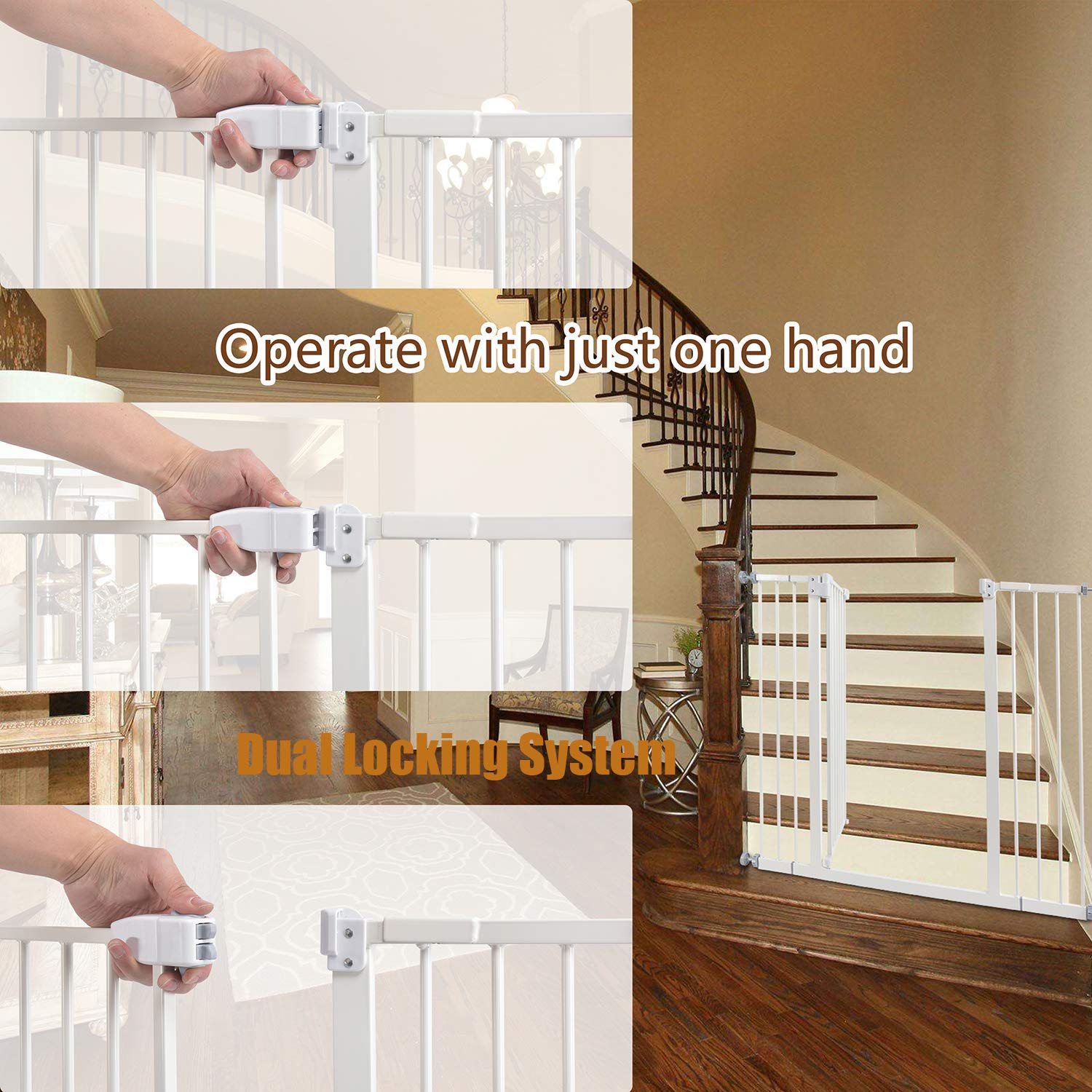 38" Auto Close Baby Gate, Extra Tall Walk Thru Gate Dog Pet Pressure Mount Gate for Stairs,Doorways, Banister,Dual Locking .Includes 6" Extension,36" High