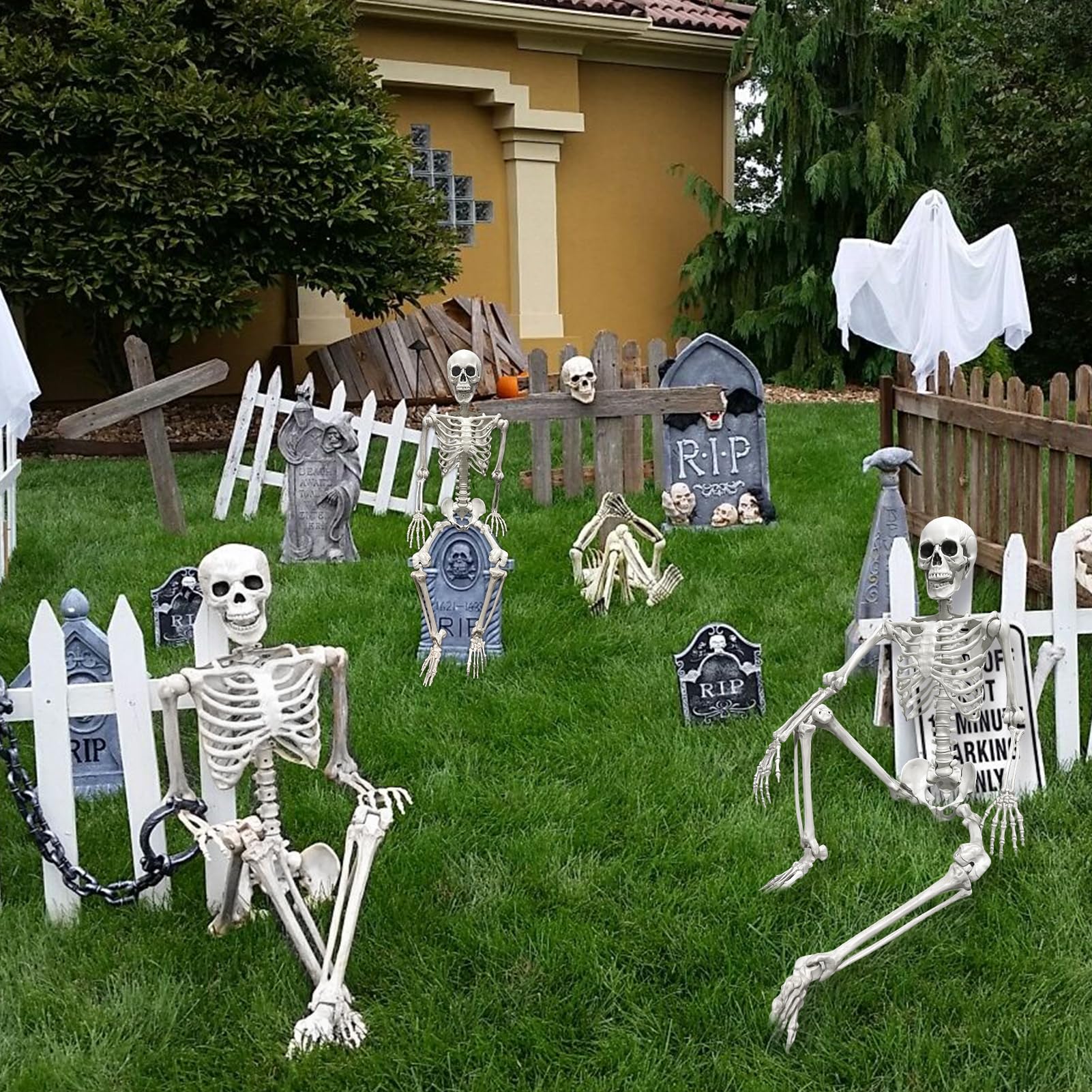 38" Posable Halloween Skeleton Decorations, Full Body Halloween Skeleton with Movable Joints for Haunted House Graveyard Props Indoor and Outdoor Decor
