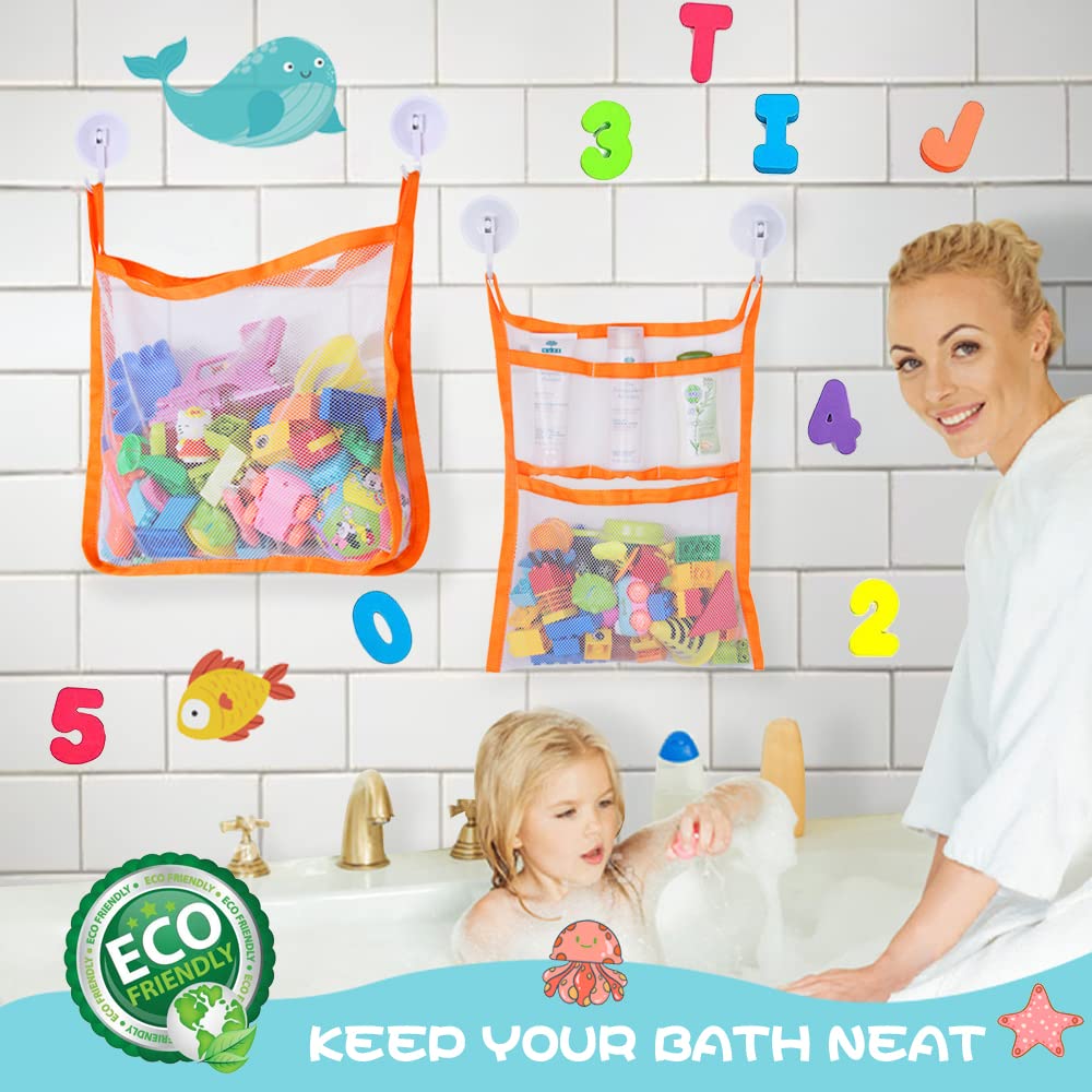 Bath Toy Organizer, SUNDOKI Bath Toy Holder Storage Bags with 4 Suction Cup Hooks and 2 Bath Toy Nets for Kids, Toddlers and Adults (Orange)