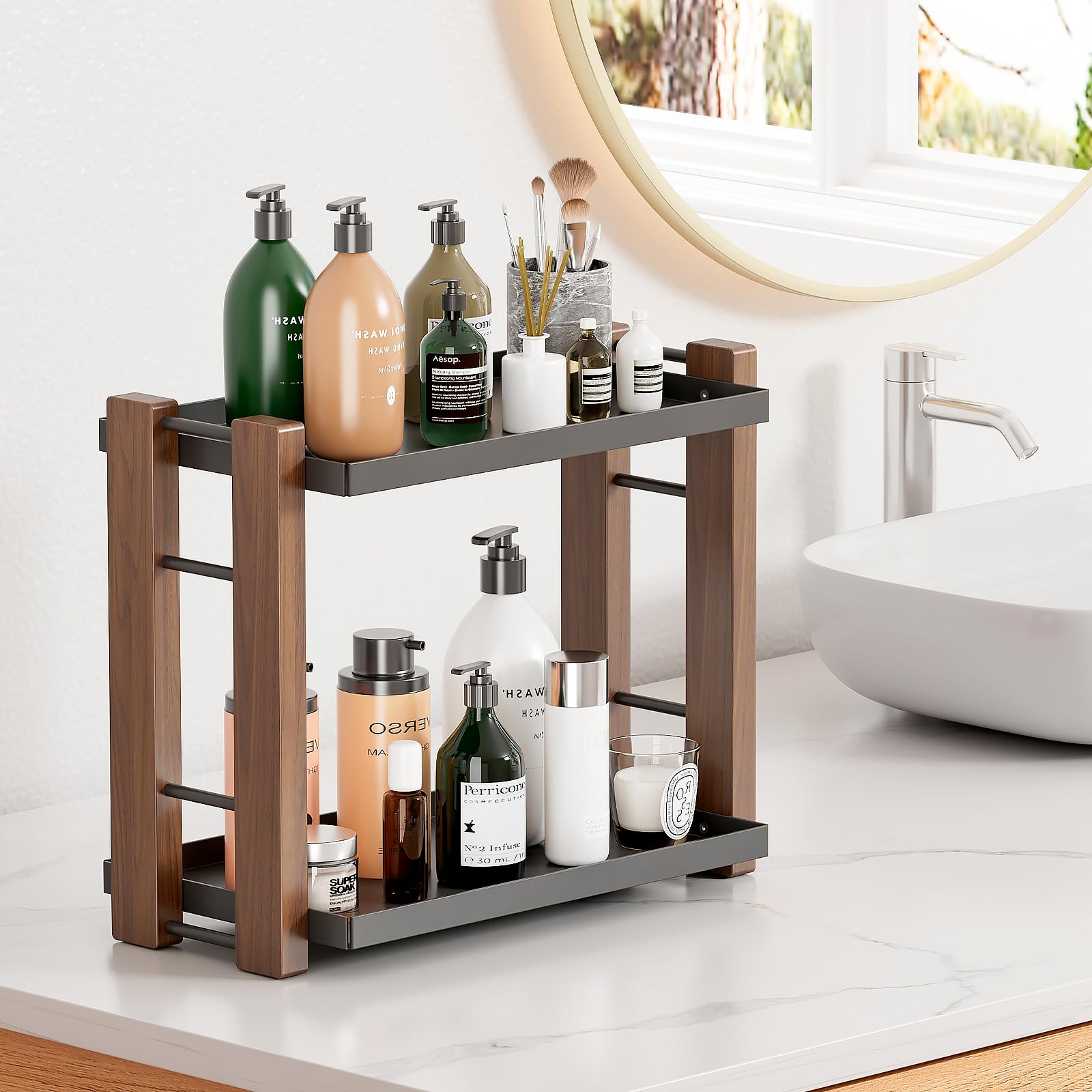 U-Chain Bathroom Countertop Organizer - 2 Tier Standing Bathroom Counter Storage,Stylish Bathroom Sink Organizer Countertop for Bathroom Decor and Organization(Solid Walnut, Stainless Steel)