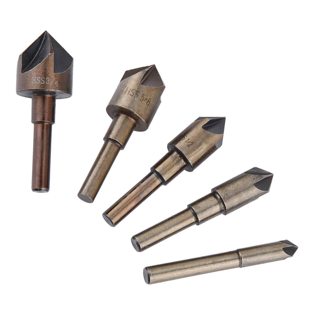 5pcs Countersink Drill Bits Set Five-Edge Chamfering Deburring Tool 1/4" 3/8" 1/2" 5/8" 3/4"