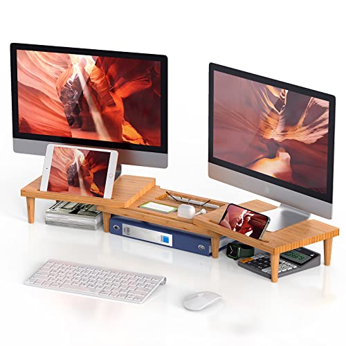 Pezin & Hulin Bamboo Dual Monitor Stand Riser for Desk Organizer, Adjustable Length and Angle Multi(1/2/3) Screen Stand, Office Wood Desktop Stand Storage for Computer, Laptop, PC, Printer, Notebook