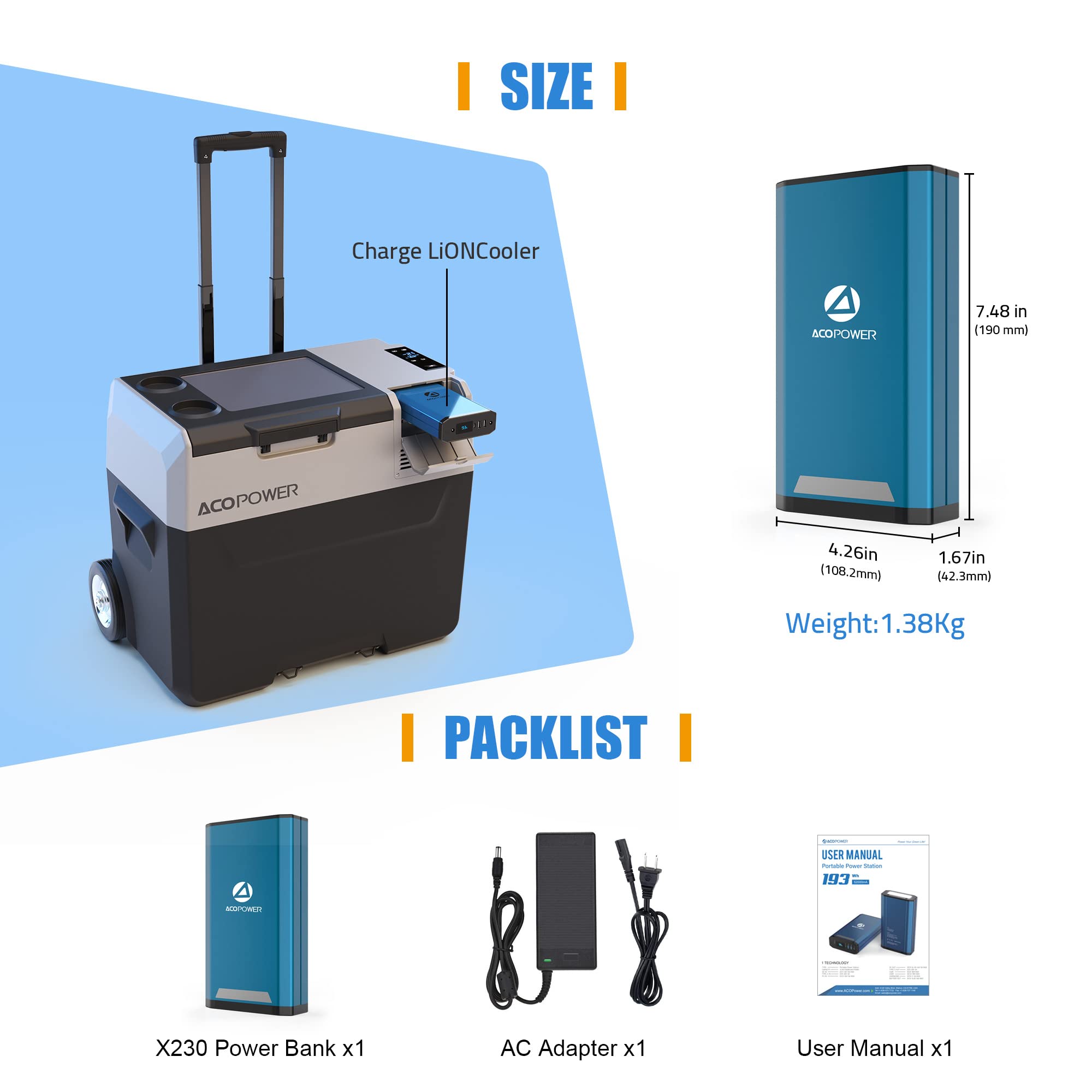 ACOPOWER 193Wh 52000mA Battery, Multi-Function Power Bank for LiONCooler Pro Solar Fridge Freezer P30/40/50, Build in an LED Flashlight (X230 Battery)