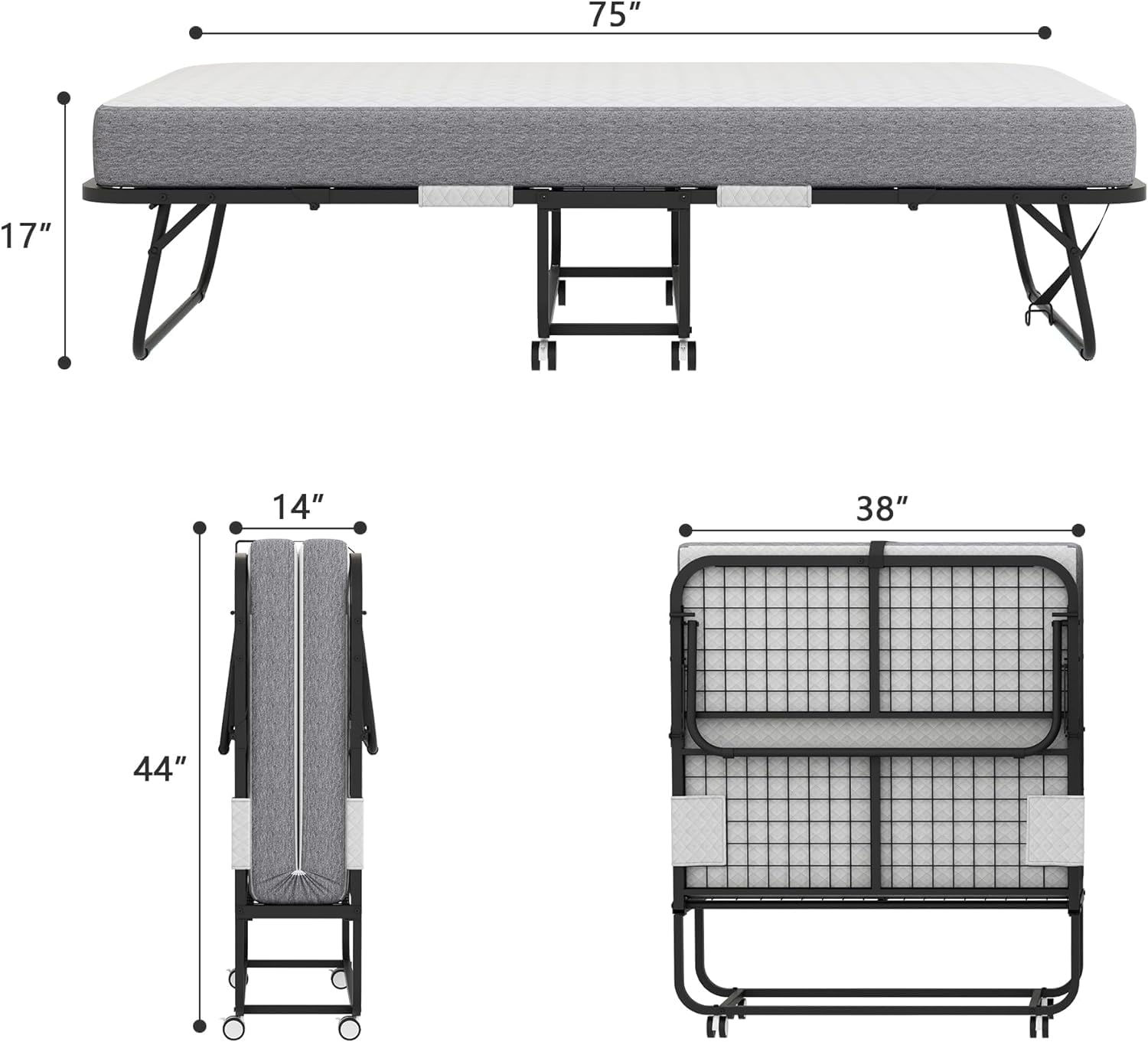 Espsilto Folding Bed with Mattress, Portable Bed for Guest, Foldable Bed with Memory Foam Mattress, Twin Size 75" x 38" Rollaway Bed with Metal Frame for Adults