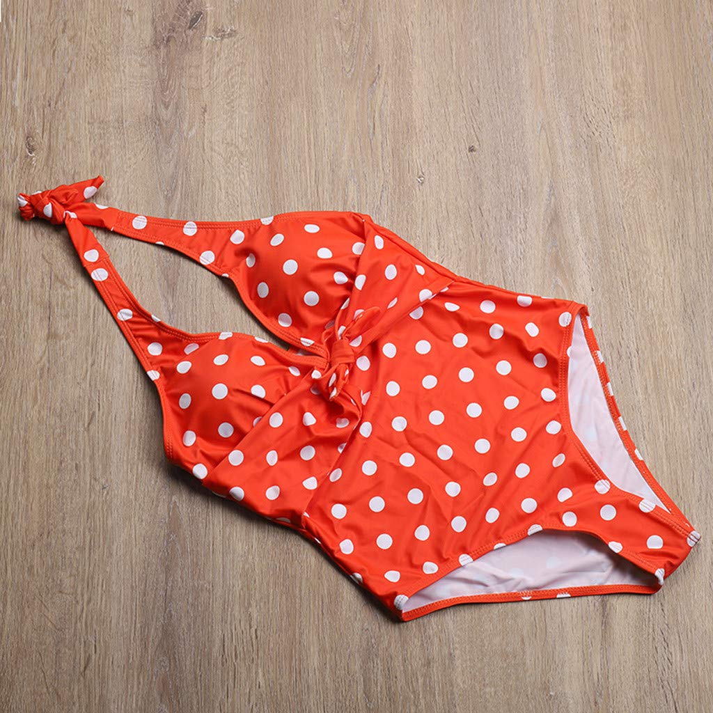 Atezch_ Women Sexy Dot Print Bikini One Piece Swimsuit, Push-Up Pad Swimwear Cami Bathing Suit Beachwear Set (Orange, XL)