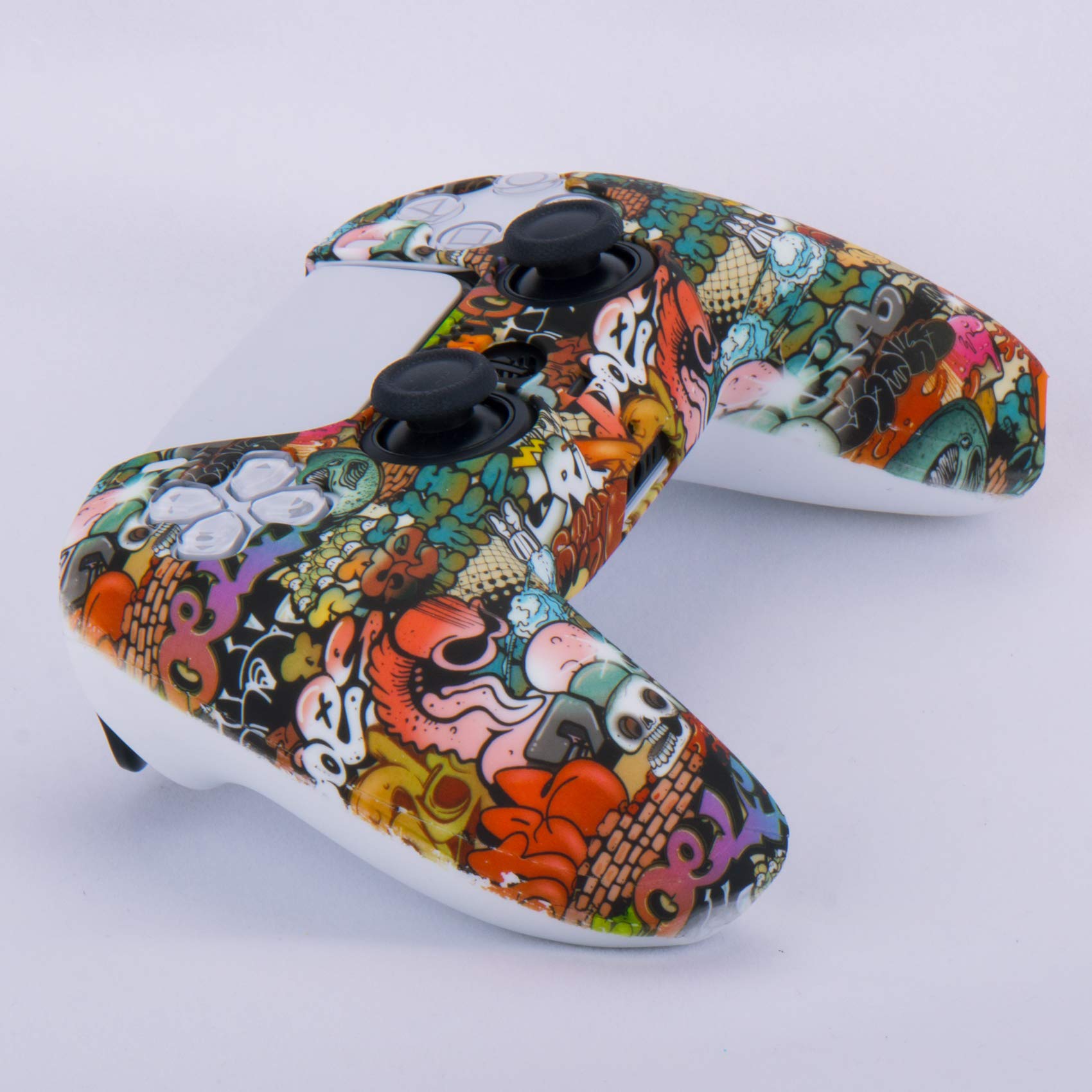9CDeer 1 Piece of Silicone Transfer Print Protective Thick Cover Skin + 6 Thumb Grips for Playstation 5 / PS5 Controller Small Skulls