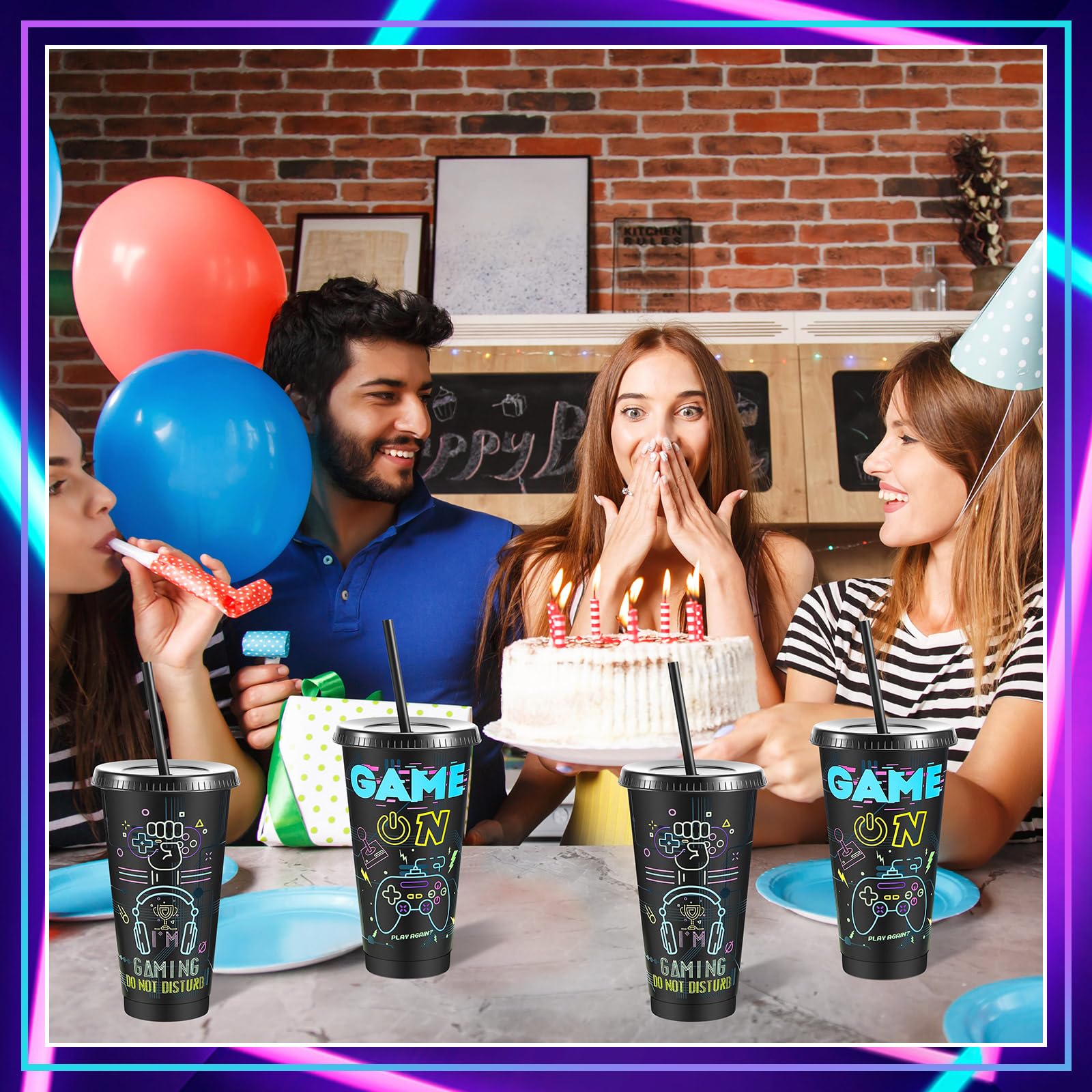 Uiifan 16 Pcs Video Game Party Plastic Cups with Lids and Straws 24 oz Iced Coffee Drinking Resuable Plastic Cups for Video Game Birthday Party Favor(Black)