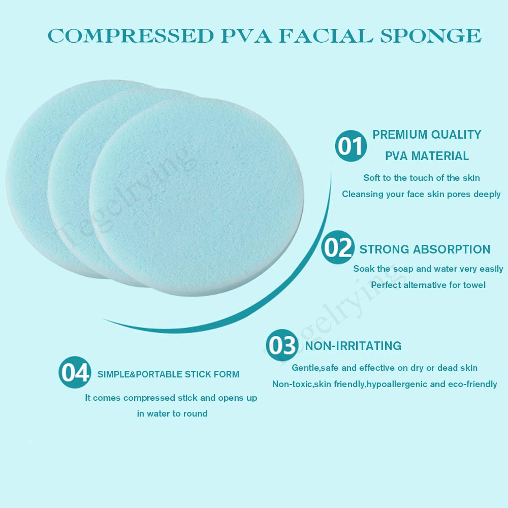 Facial Sponge Compressed,60 Pcs PVA Professional Makeup Removal Wash Round Face Sponges Spa Pads Exfoliating Cleansing for Women,Blue