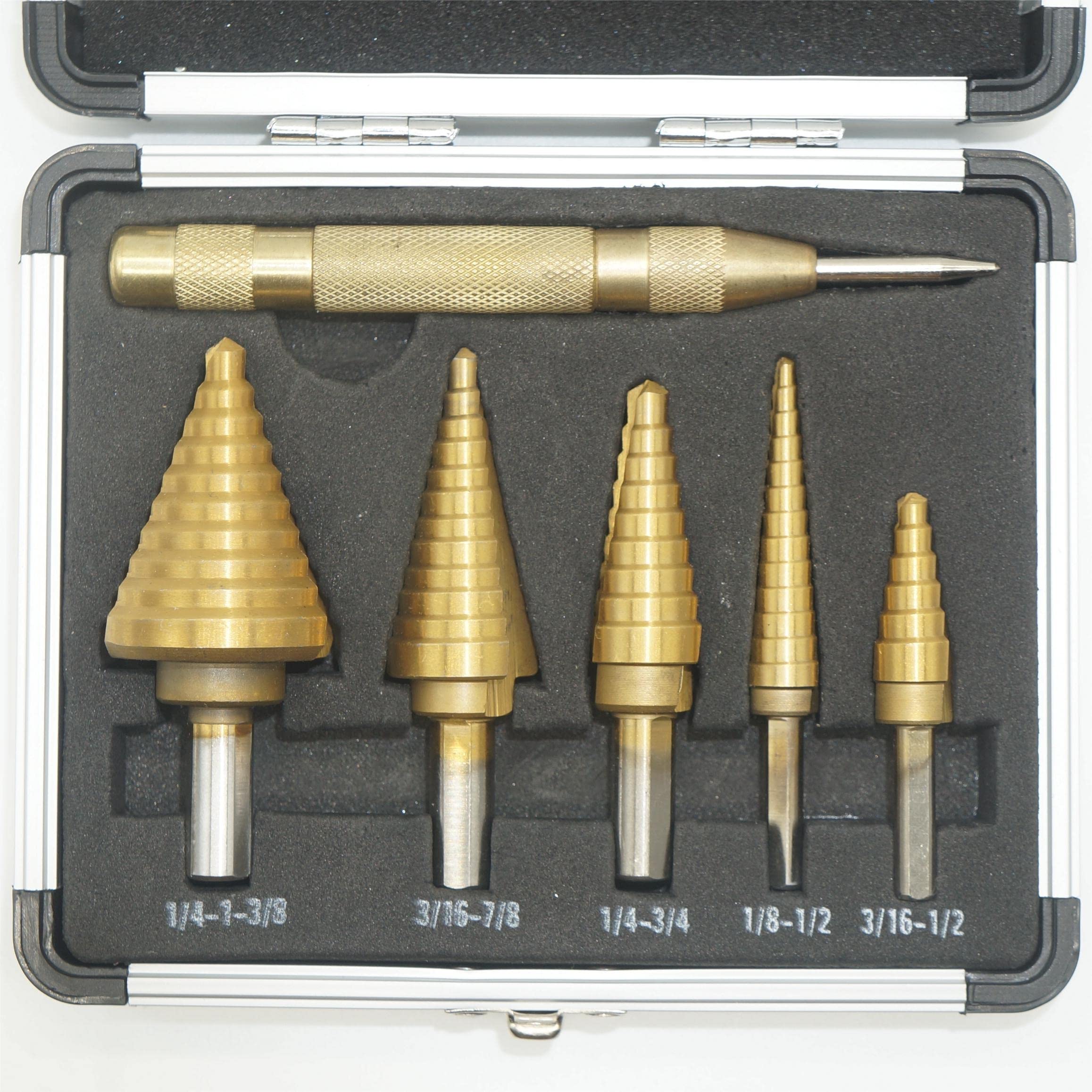 6pcs High Speed Steel Titanium Plated Step Drill Set Plus Center Positioner with Aluminum Storage Index Box Can be Used for Sheet Metal Wood (6pcs Titanium Step Drill bits)…