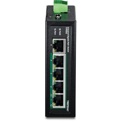 TRENDnet 5-Port Hardened Industrial Unmanaged Gigabit Switch, TI-PG50, 10/100/1000Mbps, DIN-Rail Switch, 4 x Gigabit PoE+ Ports, 1 x Gigabit Port, Gigabit Ethernet Network Switch, Lifetime Protection