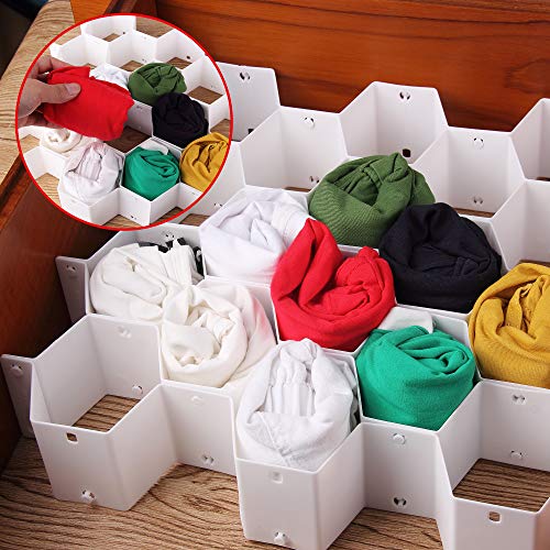 JIAKAI Honeycomb Drawer Organizer,Partition Bee Style Underwear Socks Bras Ties Belts Scarves Drawer Divider Cabinet Clapboard (White-16 pieces)