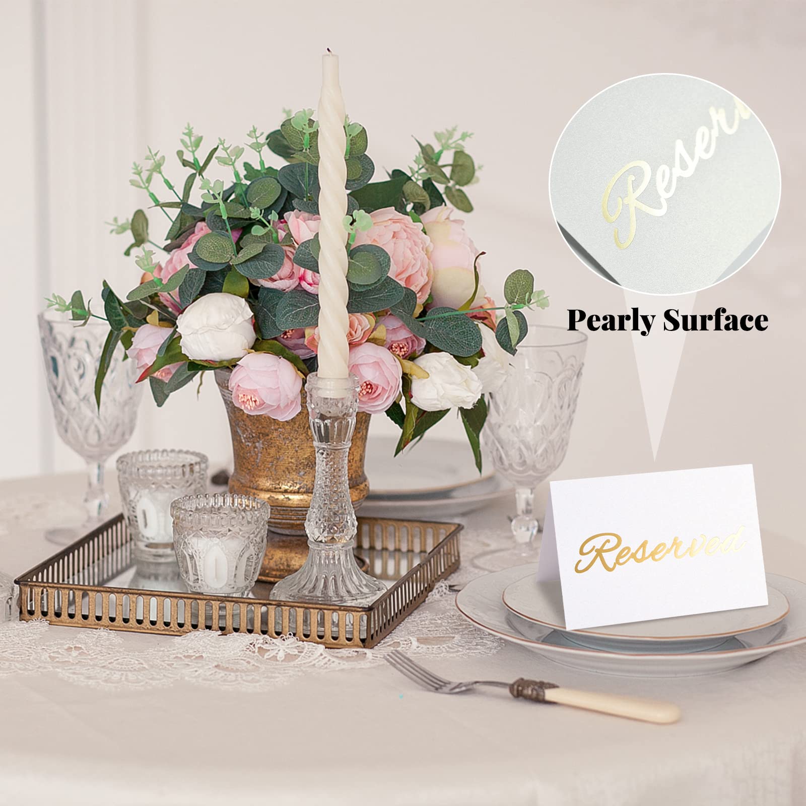 URROMA 25 Pcs Gold Wedding Reserved Table Signs, Double Sided Reserved Table Signs Gold Font Table Reserved Cards White Paper Reserved Table Tent Card