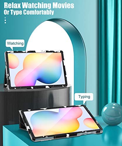 MoKo Case Compatible with Galaxy Tab S6 Lite 2020, Slim PU Tablet Shell Cover Stand Case with Auto-Wake S-Pen Holder Fit Samsung Galaxy Tab S6 Lite 10.4 2020 SM-P610/P615 ONLY - Black & White Magnolia
