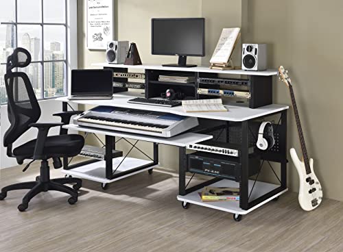 Acme Furniture Megara 72" x 30" Rectangular Metal Storage Music Desk, Included Wheels, Multiple Functional & Storage Spaces, in White and Black Finish
