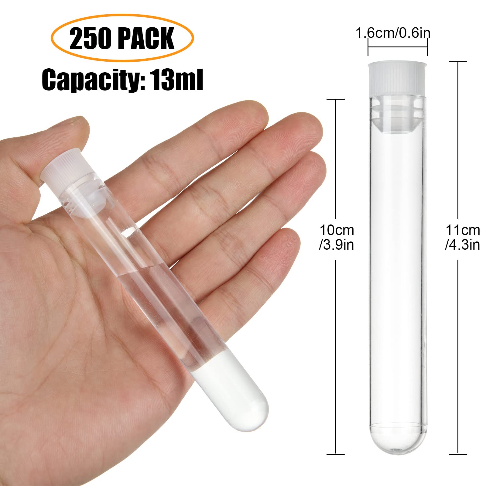 DIRBUY 250Pcs Test Tubes with Caps, 16x100mm Plastic Test Tubes with Caps for Scientific Experiments, Bath Salts, Candy Storage, Party Favors, Halloween
