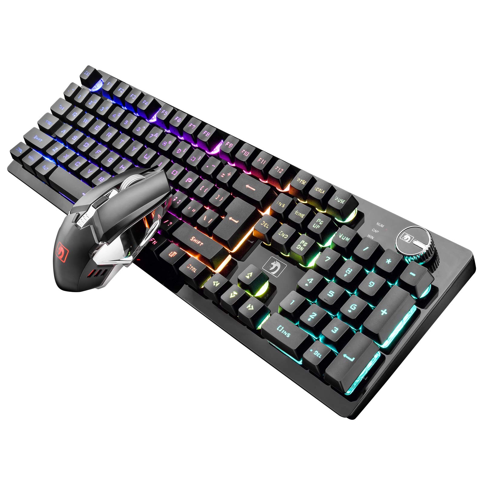 Rechargeable Gaming Keyboard Mouse Combo,2.4G Wireless,16 Kinds of RGB LED Backlit,Mechanical Feeling Keyboards with Knob Control,2400dpi Ergonomic Mouse with 7 Color Breathing LED Light (Black RGB)