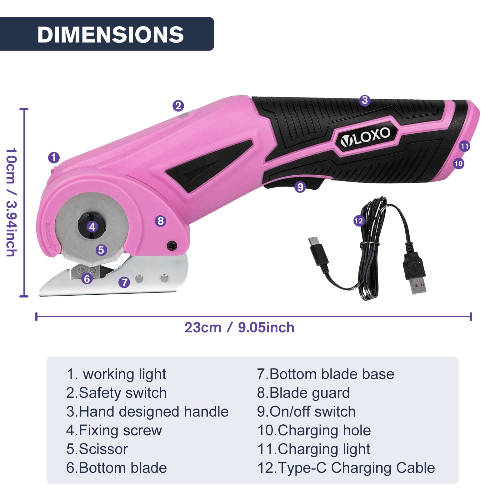 VLOXO Cordless Electric Scissors, Rechargeable Fabric Scissors with Safety Lock, 4.0V Rotary Cutter Multi-Cutting Tools, Cardboard Powerful Fabric Cutter for Carpet Leather Felt with Storage Box