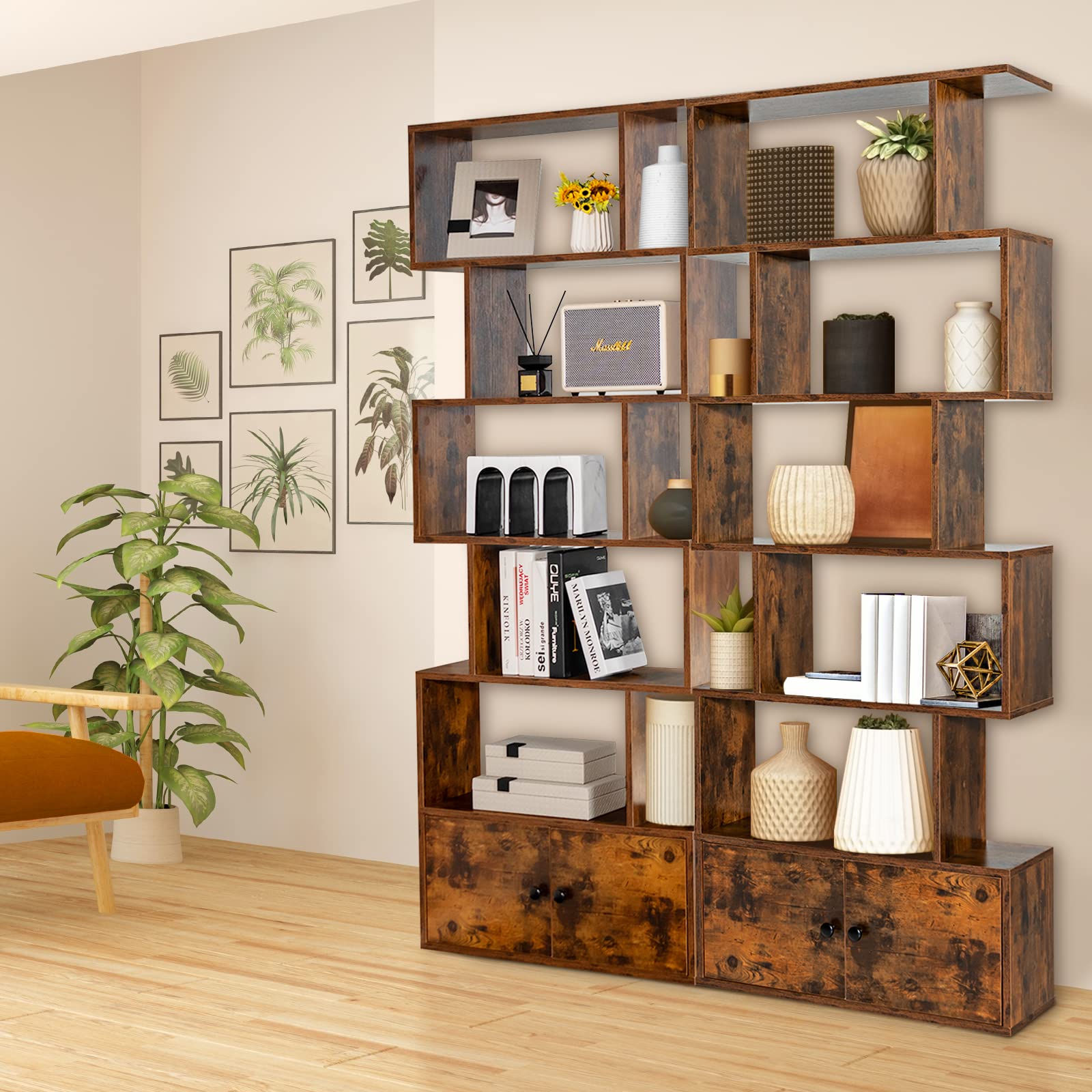 Tangkula S Shaped Bookshelf with Cabinet, 6-Tier Bookcase with Doors, Freestanding Geometric Bookshelves for Living Room, Anti-toppling Device, Home Office Wood Storage Display Shelf (1, Rustic Brown)