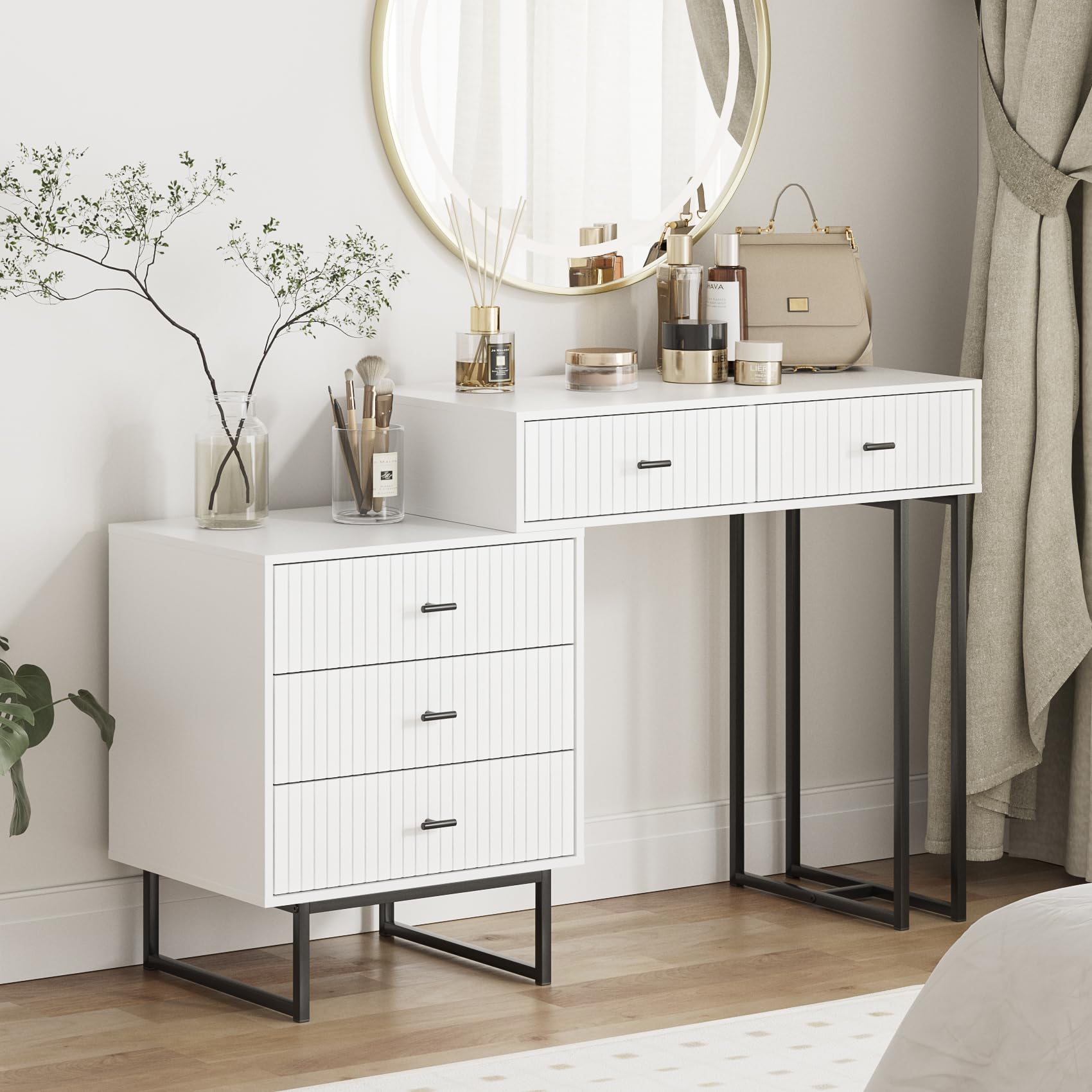 Acodaiuy Vanity Desk, Makeup Vanity Desk Black Without Mirrors or Lights Vanity Table Modern Makeup Table with Adjustable Cabinet and 5 Large Drawers, Dressing Table for Bedroom,Makeup Room, White