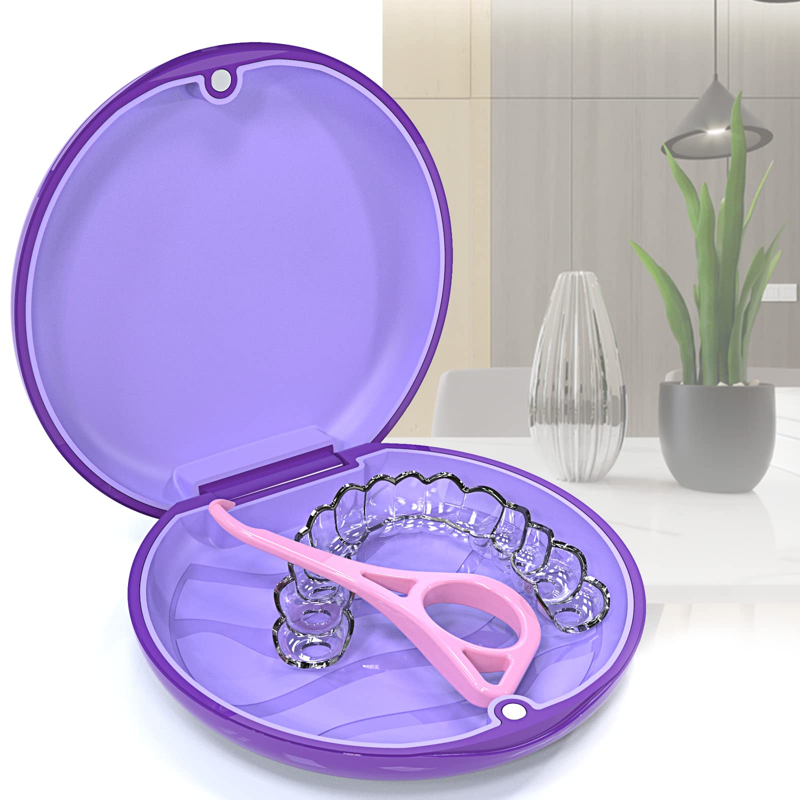 Aligner Case with Magnetic Closure and Textured Liner, Solid Orthodontic Retainer Case with 2Pcs Aligner Removal Tools, for Invisalign, Aligner, Night Guard (Purple + Pink)
