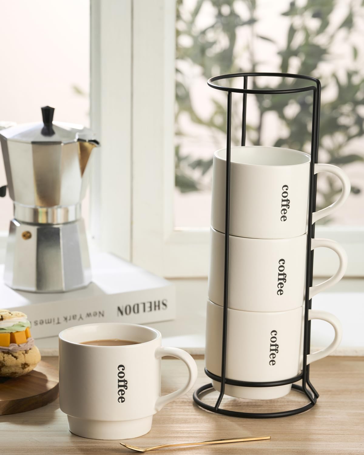 LAUCHUH Coffee Mugs Set of 4, 15 Ounce Stackable Coffee Mugs with Rack Latte Cup Porcelain Mugs for Coffee, Tea, Hot Cocoa, Milk, Dishwasher & Microwave Safe for Christmas, White