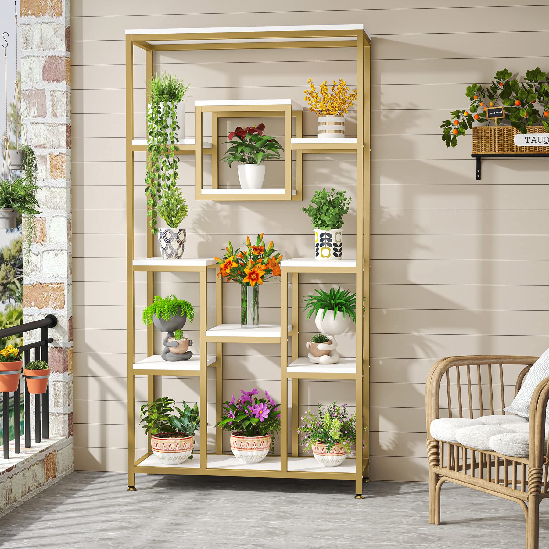 Tribesigns Bookcases and Bookshelves, 71โ Tall Bookshelf with Metal Frame, Freestanding Geometric Bookcase with Open Display Shelf for Living Room, Bedroom, Home Office, White and Gold