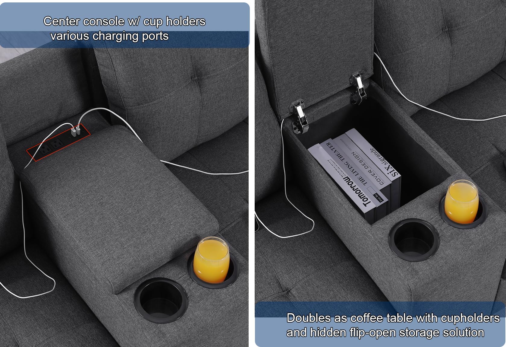 asunflower Modular Fabric Sectional Sofa Ottoman Set, L Shape Sofa Couch with Console, Cup Holder, Charging Ports Convertible Sectional Couch for Living Room Apartment
