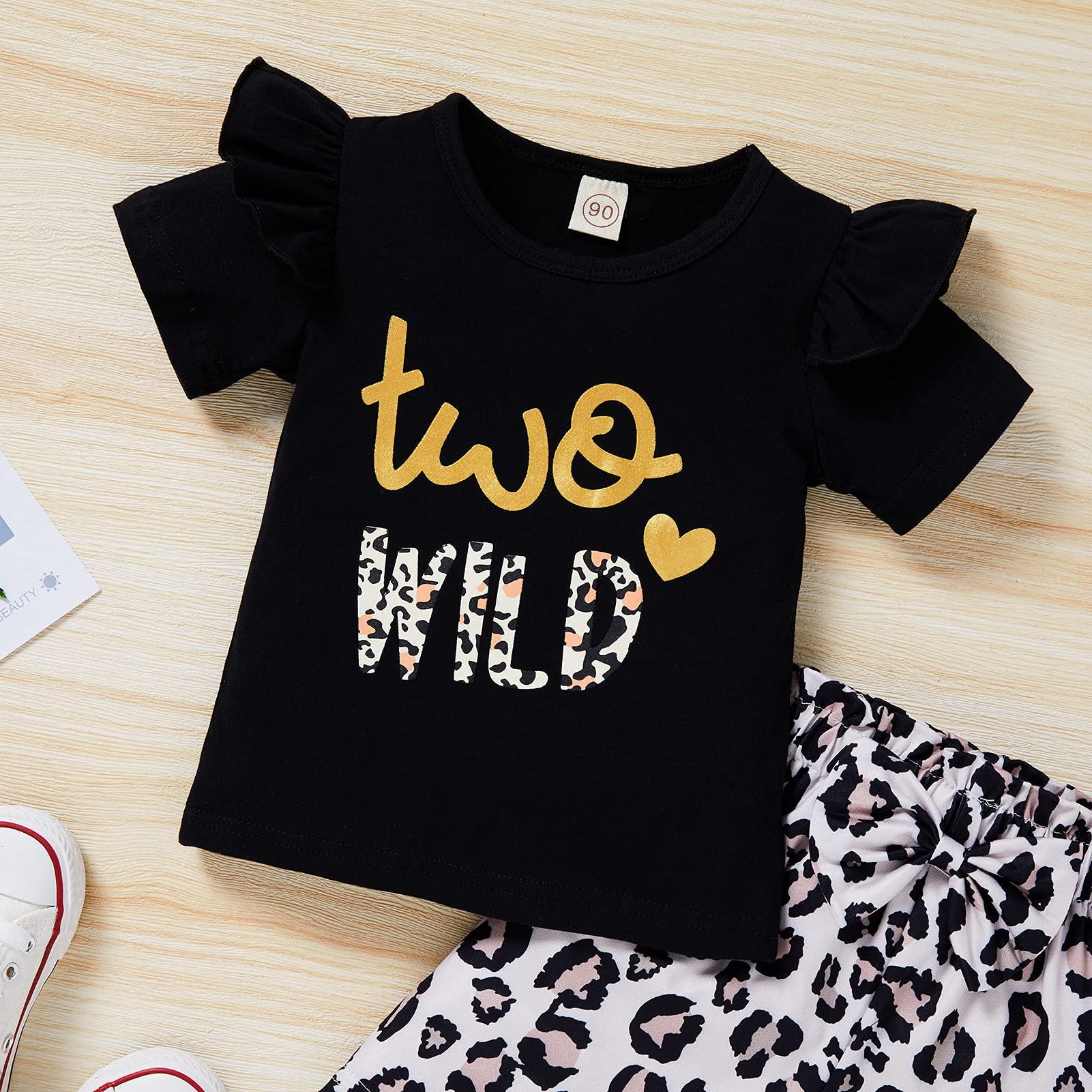 Viworld Baby Girl Two Birthday Outfits Ruffle Sleeve Wild Two Top + Leopard Shorts Set Cake Smash Summer Clothes(Leopard,2T