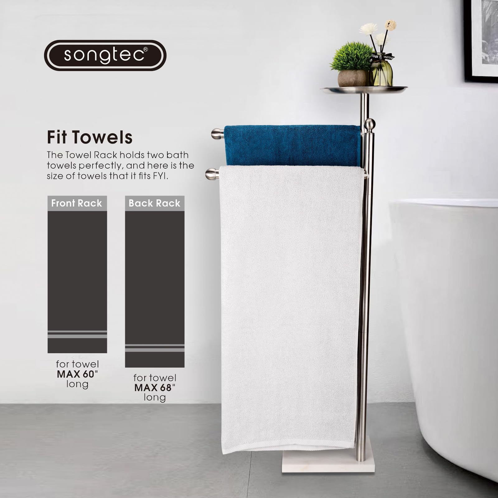 Songtec Towel Rack Stand for Bathroom, 2-Tier Towel Holder Stand for Bath Towels Max to 68β & 60β Long, Practical Shelf on Top for Phone, Shampoo, Body Wash